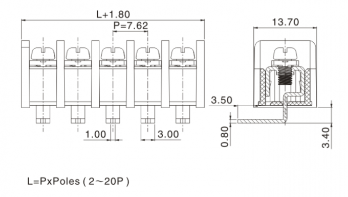 7.62mm Pitch Right Angel Barrier Panel Mount Terminal Block Customized Pins