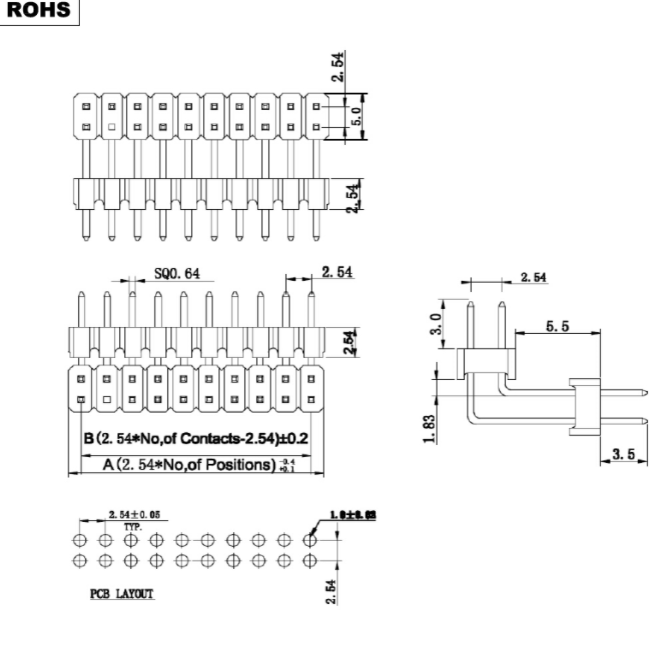 90 Degrees DIP 1.5AMP 2.54mm Pitch Pin Header Connector